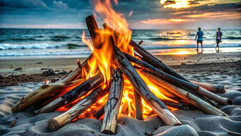 Cozy Campfire on Beach with Ocean Waves at Sunset Stock Illustration ...