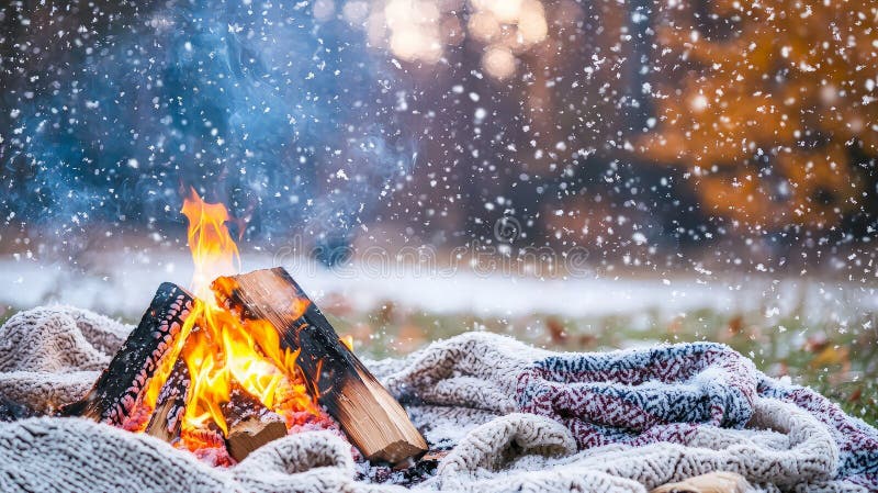 Cozy Campfire Burning Brightly Amidst Falling Snow on a Winter S Day ...