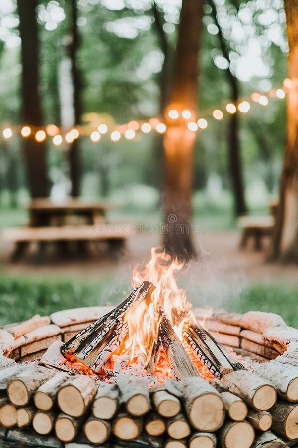 Cozy Campfire in Forest Setting with Glowing String Lights at Dusk ...