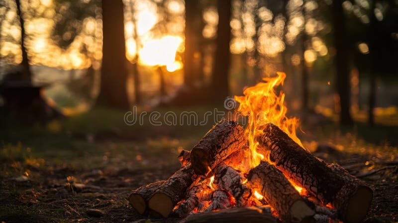 Cozy Campfire in a Forest Setting at Sunset for Relaxation and Outdoor Adventure Stock ...