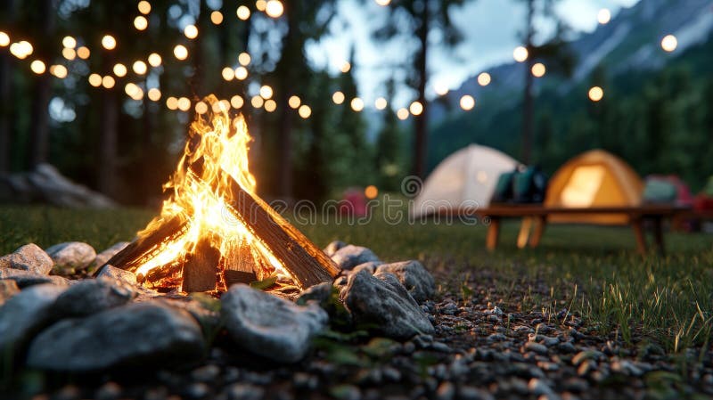 Cozy Campfire in Forest with Tents and String Lights at Dusk Stock Photo - Image of summer ...
