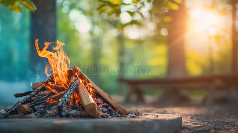 Cozy Campfire in Forest with Warm Glow and Nature Background Stock ...
