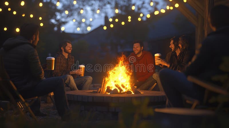 Cozy Campfire Gathering Under String Lights, Friends Enjoying Drinks ...