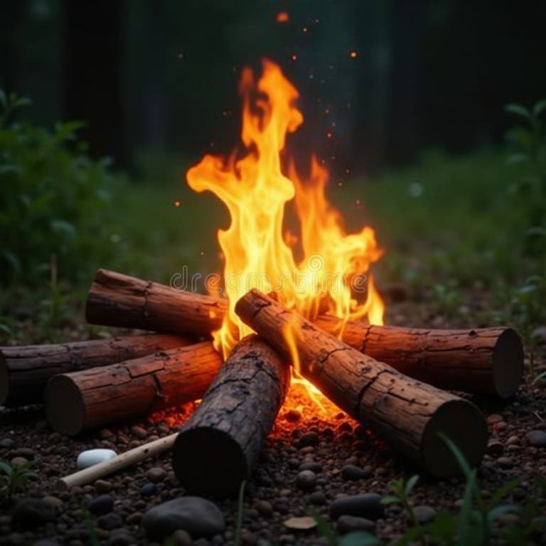 Cozy Campfire Scene with Firewood and Marshmallows , Spring, Landscape ...