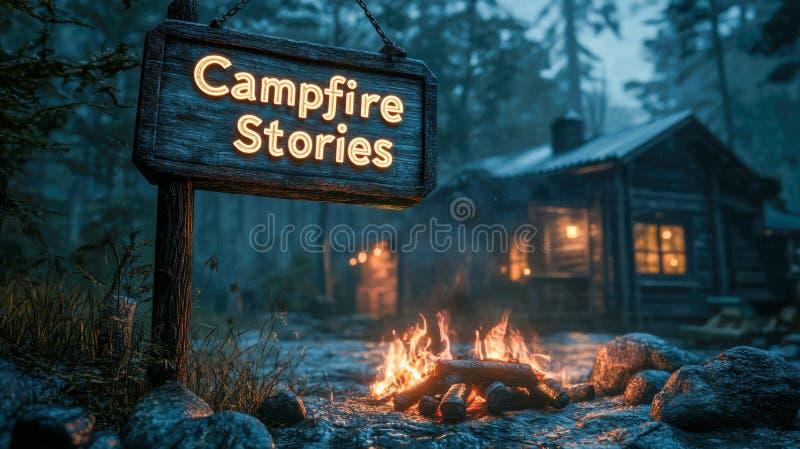 Cozy Campfire Scene at Night with Rustic Cabin in the Background Stock ...