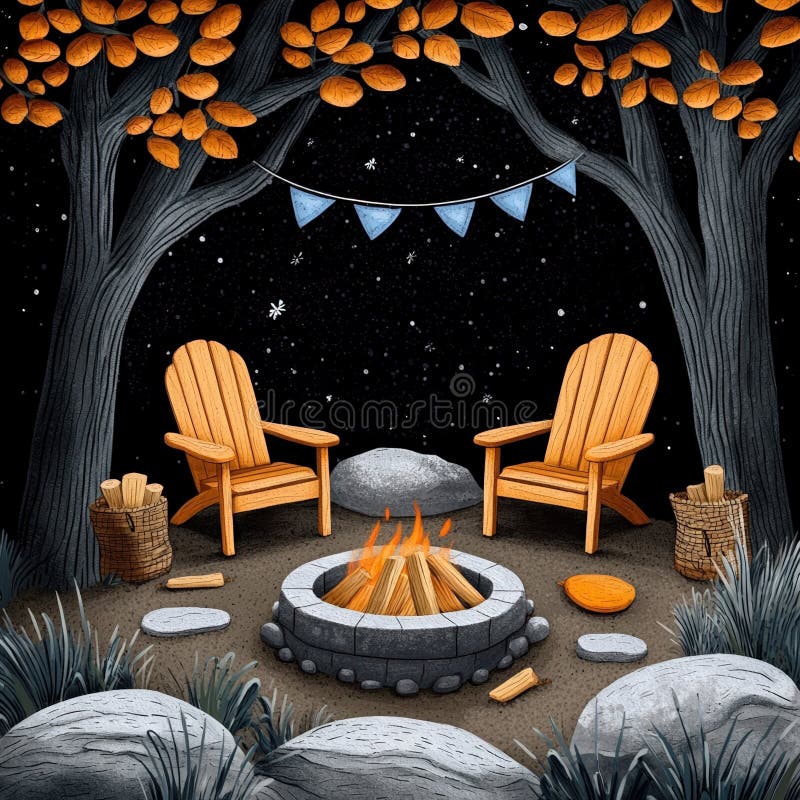 Cozy Campfire Scene Under a Starry Sky Stock Illustration ...