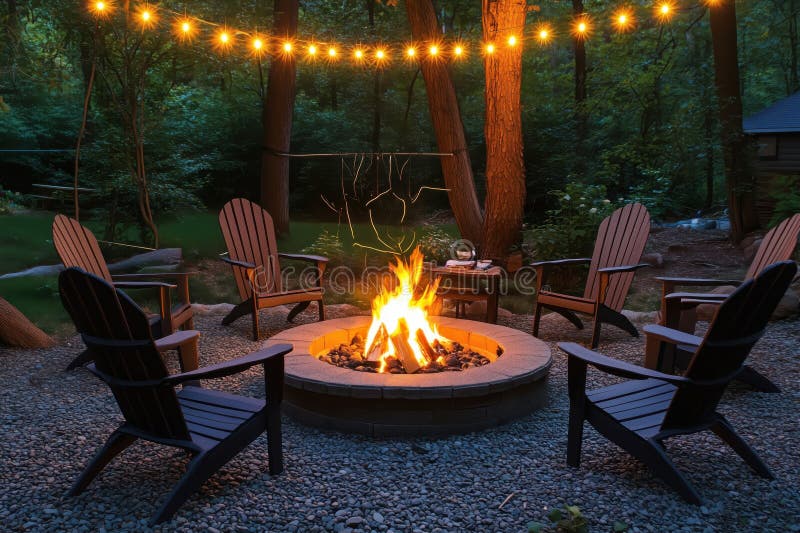 Cozy Campfire Setting with Illuminated Chairs, Fire Pit, and String ...