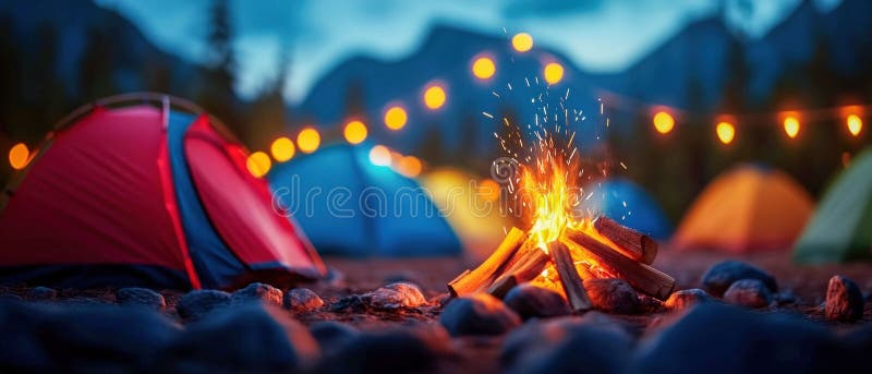 Cozy Campfire Surrounded by Colorful Tents and String Lights at Night ...