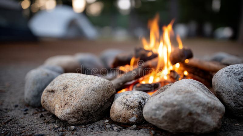 Cozy Campfire Surrounded Rocks Outdoor Campsite Setting Stock Photos ...