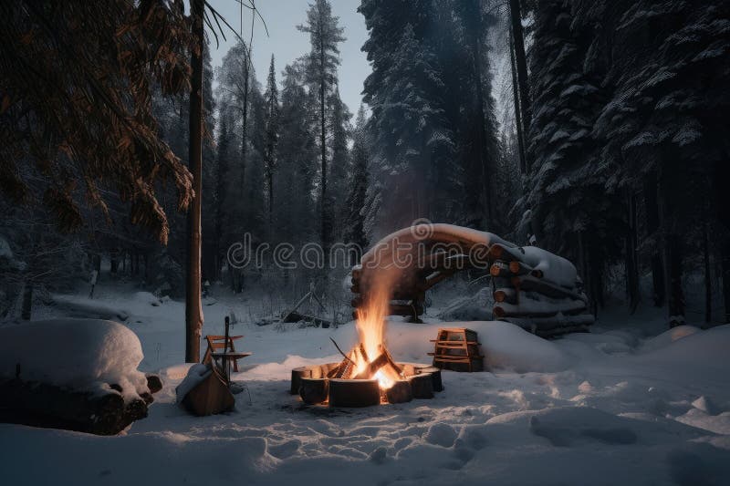 A Cozy Campfire Surrounded by Snow-covered Trees in a Forest Stock ...