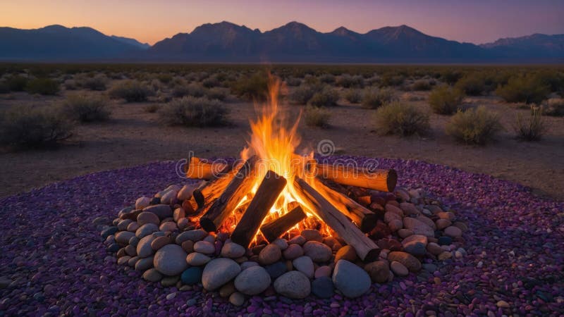 Burning Campfire at Sunset in Desert Landscape Stock Illustration ...