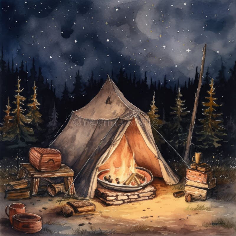 Cozy Campfire Under Starry Night Sky for Travelers. Stock Illustration ...