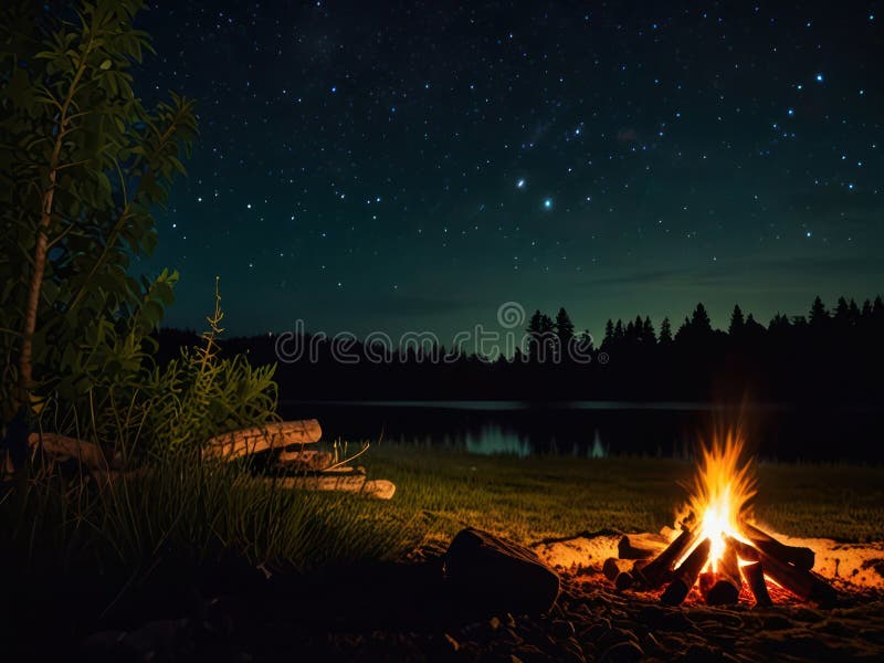 Cozy Campfire Under a Starry Sky by a Tranquil Lake Stock Illustration ...