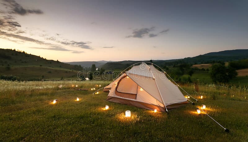 Cozy Camping Experience with Tent and String Lights at Sunset in a ...