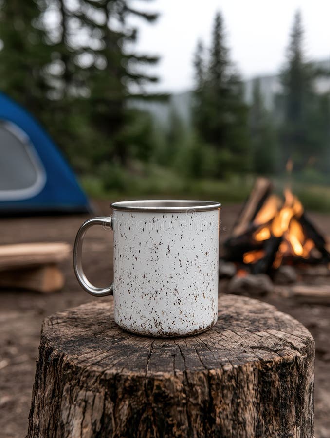 Cozy Camping Scene with Mug on Log Stock Illustration - Illustration of ...