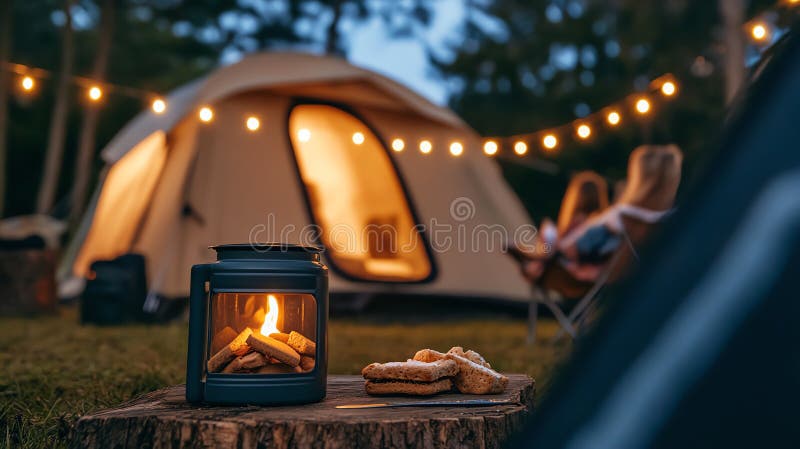 Cozy Camping Scene with a Warm Fire and a Tent Under Twinkling Lights ...