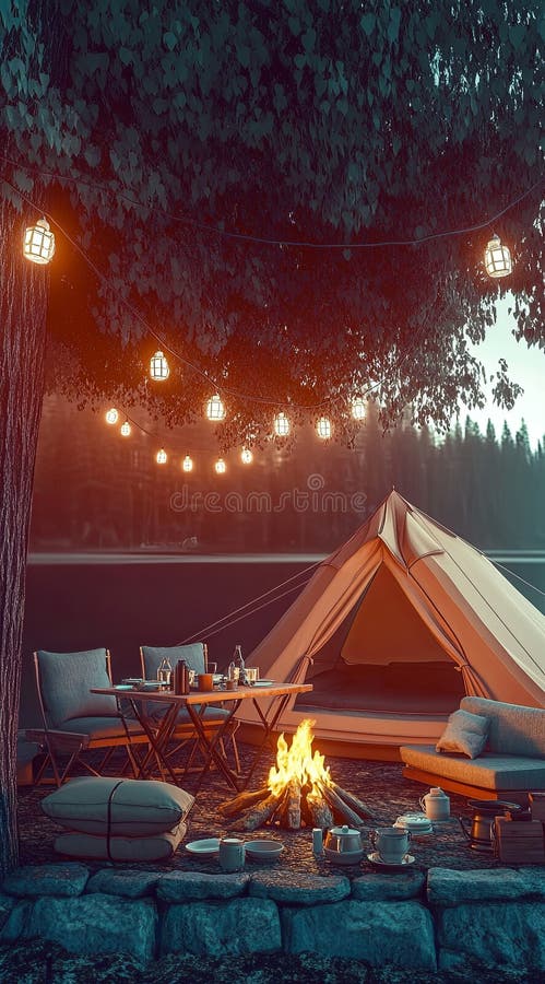 Cozy Camping Setup by the Lake with Glowing Lanterns, a Warm Fire Stock ...
