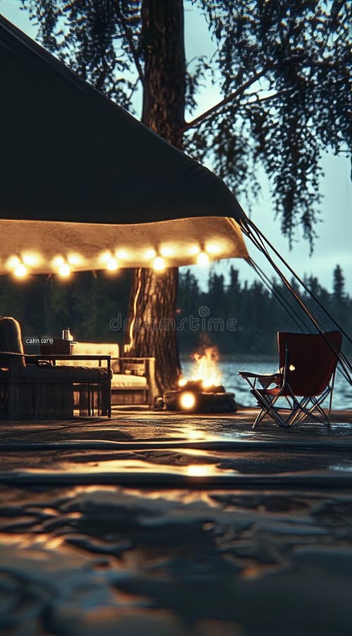 Cozy Camping Setup by the Lake with Glowing Lights, a Fire Pit Stock ...