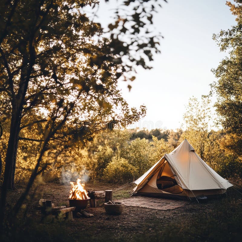 Cozy Camping Setup with Tent and Fire in a Tranquil Forest during ...