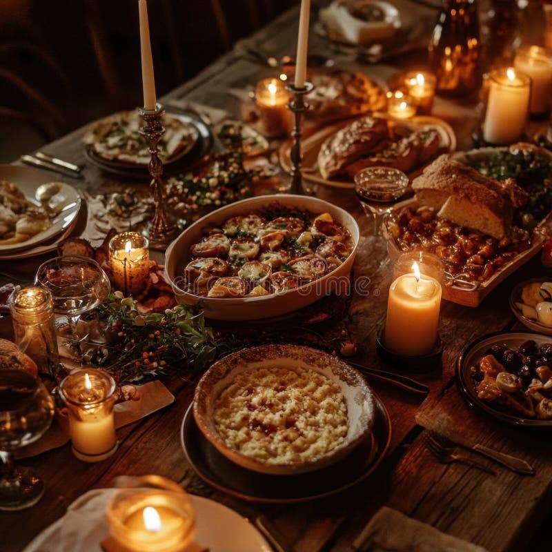 Cozy Candlelit Dinner Table with Delicious Food Stock Illustration ...