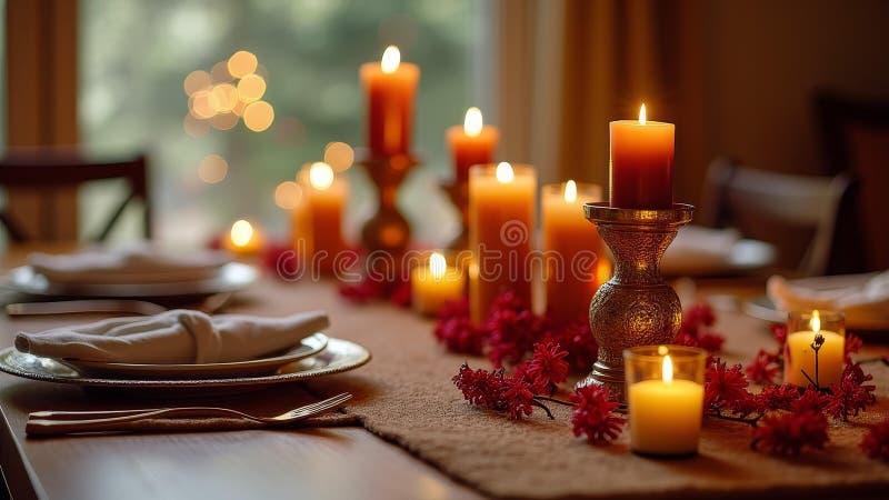 Cozy Candlelit Dinner Table Setting with Romantic Atmosphere Stock ...