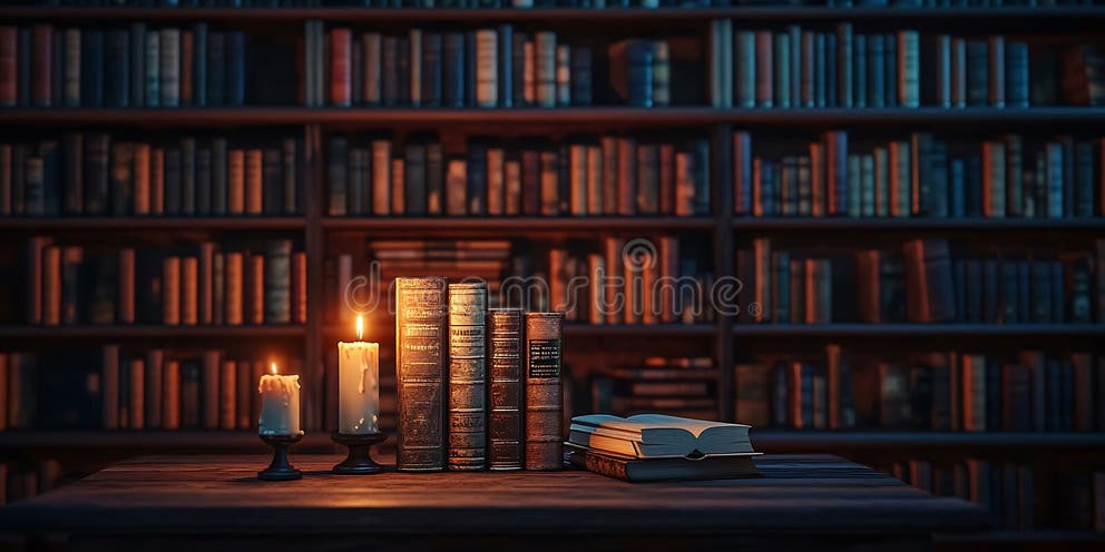 Cozy Candlelit Library Bookshelf Background Image Stock Illustration ...