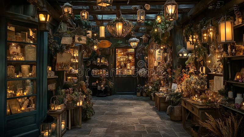 Cozy Candlelit Shop Interior with Floral Decorations and Lanterns Stock ...
