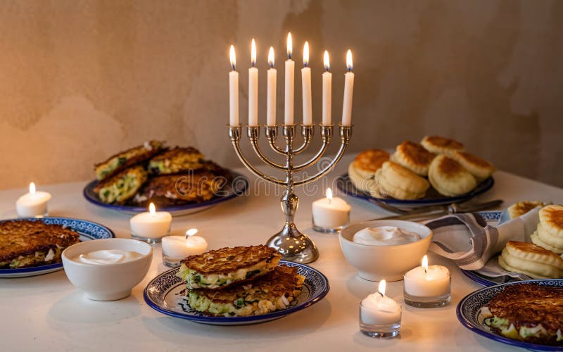 Generative-AI, Candlelit Hanukkah Feast Table with Traditional Foods ... Generative-AI, Candlelit Hanukkah Feast Table with Traditional Foods ...