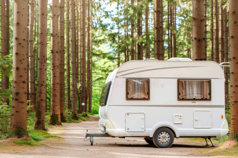 Cozy Caravan Adventure in Tranquil Forest Setting with Tall Trees Stock ...