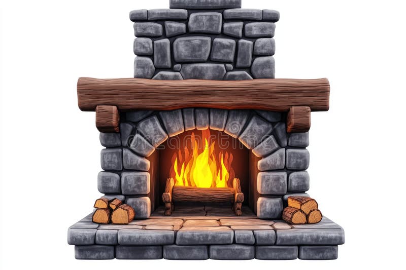 A Cozy Cartoon Fireplace Scene with Logs Lit by Fire Stock Illustration ...
