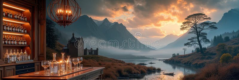 Cozy Castle Bar at Sunset with Scenic Mountain Landscape and Misty ...
