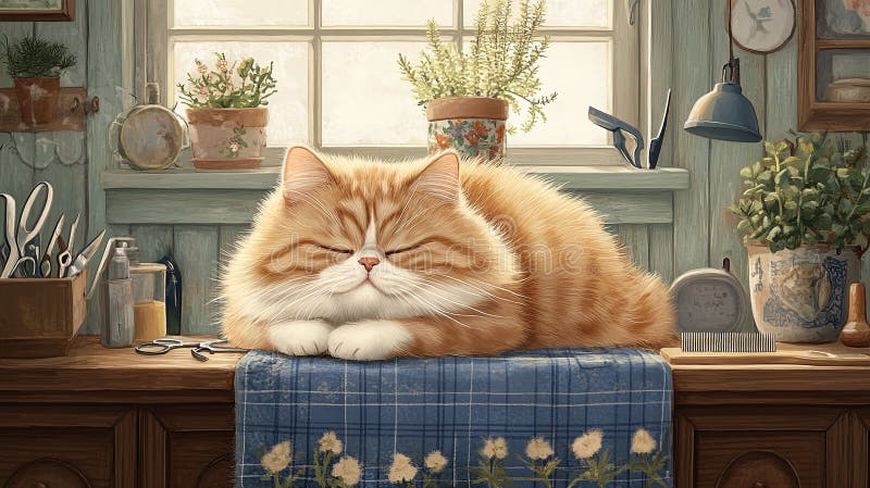 A Cozy Cat Grooming Station with Combs, Scissors, and a Relaxed Stock ...