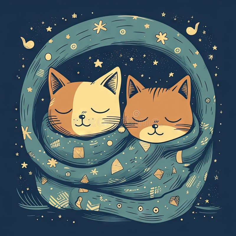 Cozy Cat Nap Under Starry Blanket. Stock Illustration - Illustration of ...