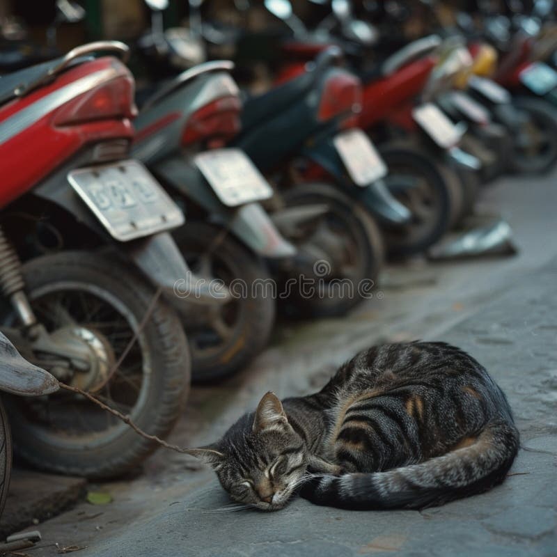 Cozy Cat Napping Amidst a Fleet of Parked Motorcycles Stock ...