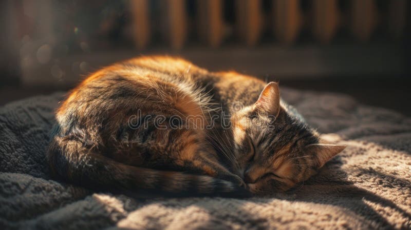 Cozy Cat Napping in Warm Sunlight on Soft Blanket. Stock Photo - Image ...