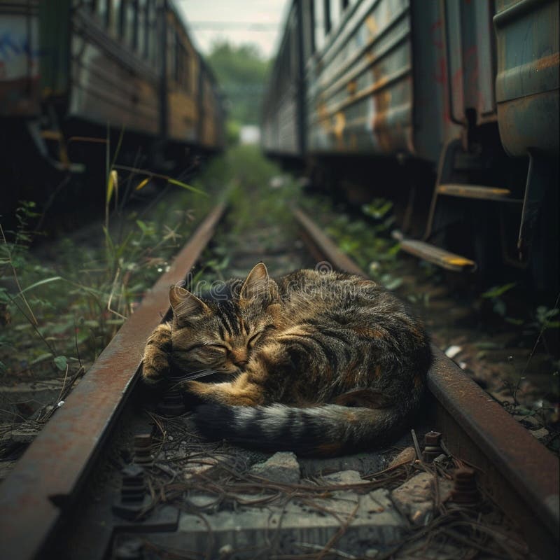 Cozy Cat on Train Track, Capturing a Serene Moment Stock Illustration ...