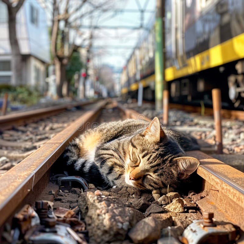Cozy Cat on Train Track, Capturing a Serene Moment Stock Illustration ...