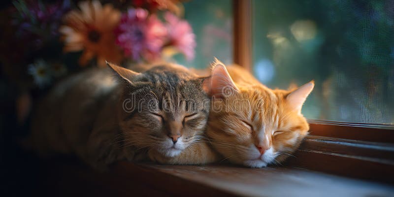 Cozy Cats Napping by the Window Stock Illustration - Illustration of ...