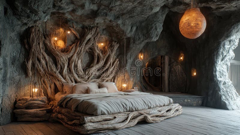 Cozy Cave Bedroom with Tree Branch Bed and Candlelight Stock Illustration - Illustration of ...