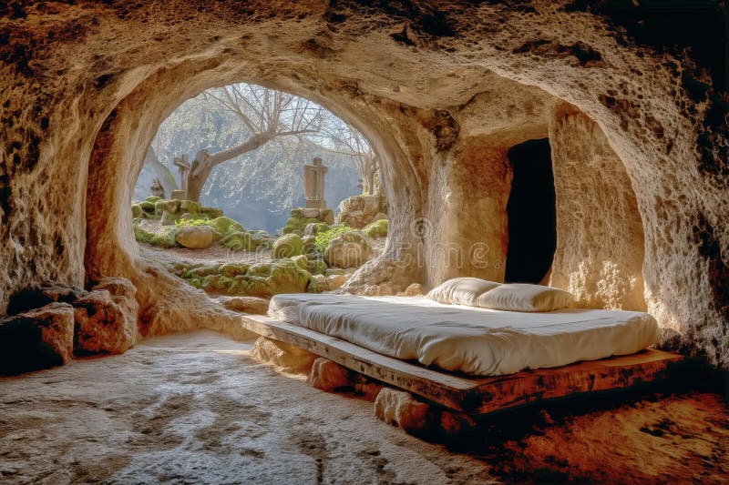 Cozy Cave Interior with Natural Light Illuminating a Simple Bed and ...