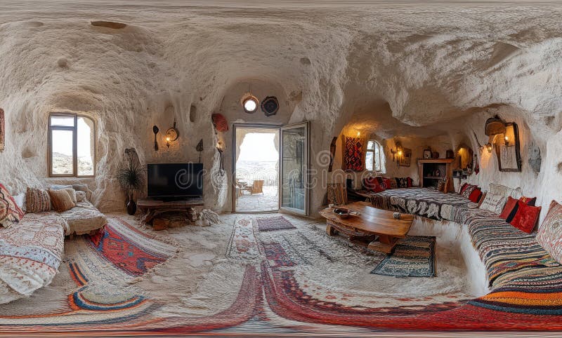 Cozy Cave Living Room Featuring Modern Comforts with a Stunning Desert ...