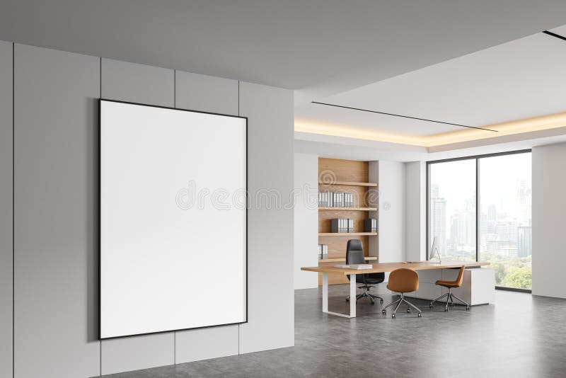 Cozy Ceo Interior Work Desk, Shelf and Panoramic Window. Mockup Frame ...