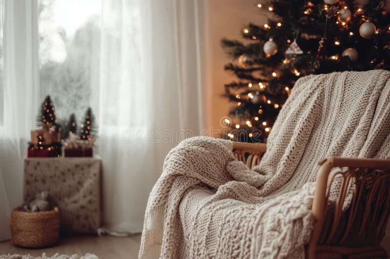 Cozy Chair and Lit Christmas Tree in Living Room Stock Photo - Image of ...
