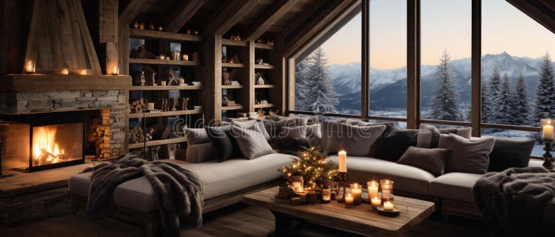 Of a Cozy Chalet with Fireplace and Christmas Tree Stock Photo - Image ...