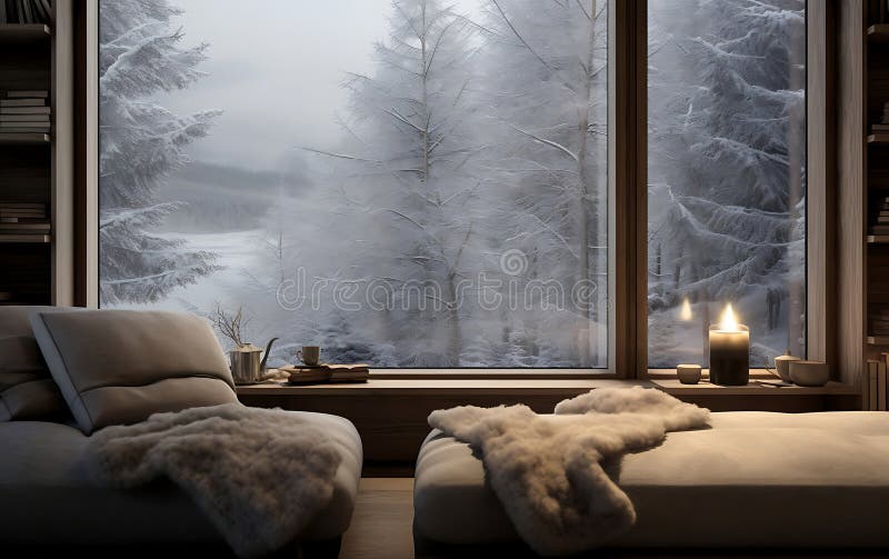 Cozy Chalet House Interior, Sofa and Panoramic Windows Overlooking the ...