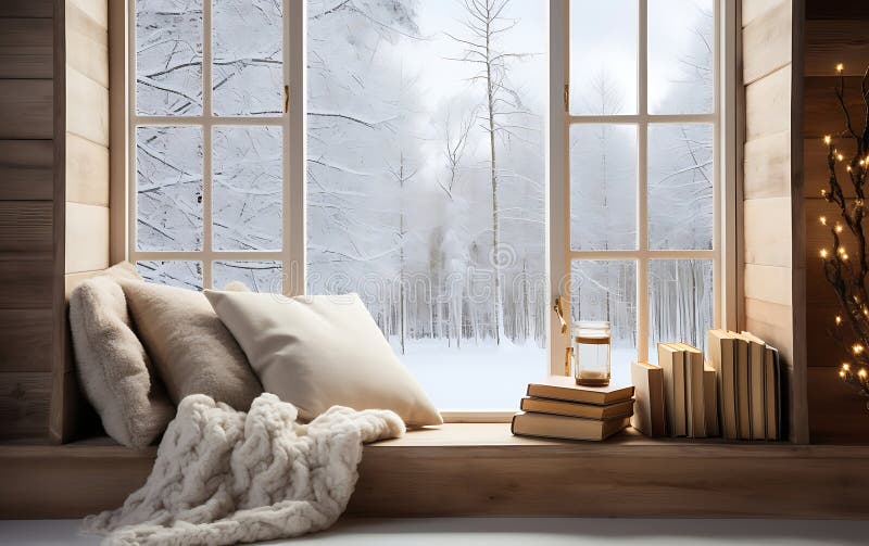 Cozy Chalet House Interior, Sofa and Panoramic Windows Overlooking the ...