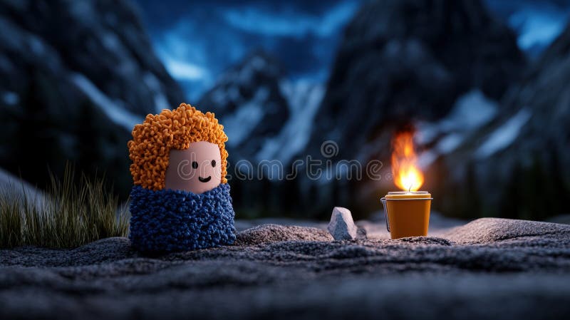 A Cozy Character by a Campfire in a Serene Mountain Landscape at Night ...