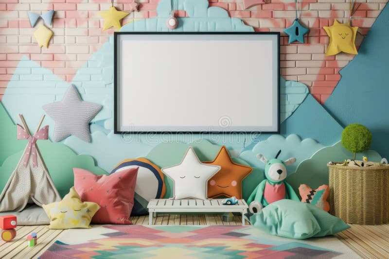 Cozy Children S Playroom with Star-Themed Decor and Blank Wall Frame ...