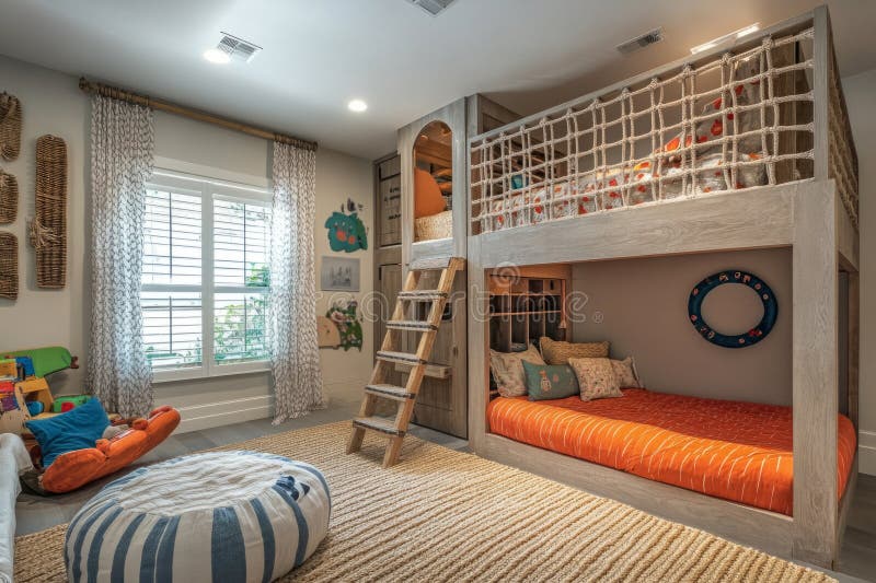 Cozy Children S Room Featuring a Modern Bunk Bed with Rope Netting ...