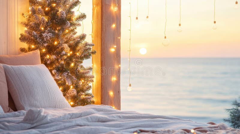 Cozy Christmas Bed with Lights Overlooking Ocean Sunset Stock Photo ...